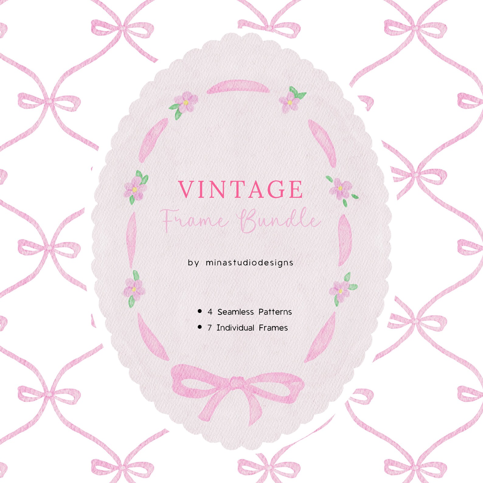 Vintage Pink Bow Frame, Oval Scallop Watercolor Frame, Bow Seamless ...