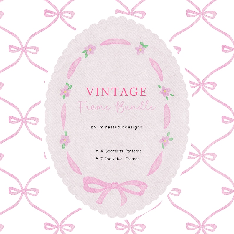 Vintage Pink Bow Frame, Oval Scallop Watercolor Frame, Bow Seamless ...