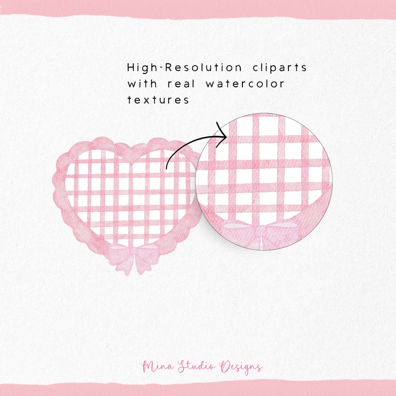 Preppy Pink Heart With Bow, Watercolor Coquette Heart Clipart, Gingham ...