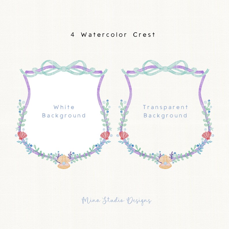 Mermaid Watercolor Crest, Purple Bow Watercolor Crest, Under the Sea ...