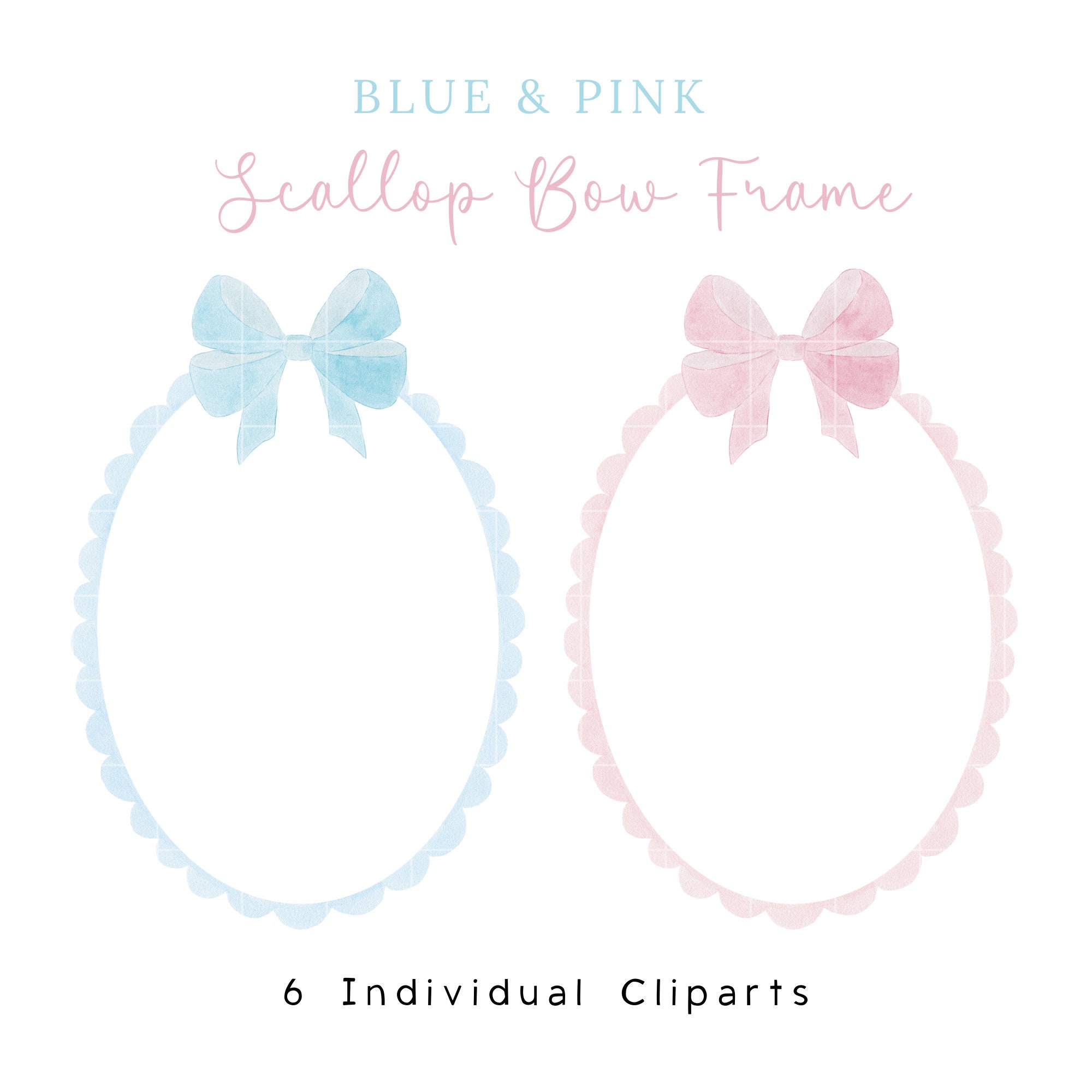 Pink and Blue Bow Scallop Frame, Watercolor Pink Bow, Watercolor ...