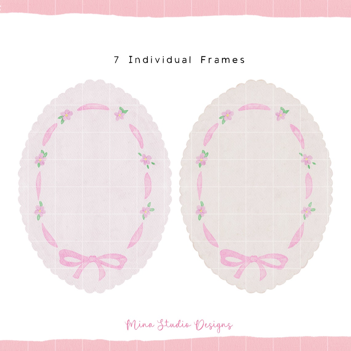 Vintage Pink Bow Frame, Oval Scallop Watercolor Frame, Bow Seamless ...