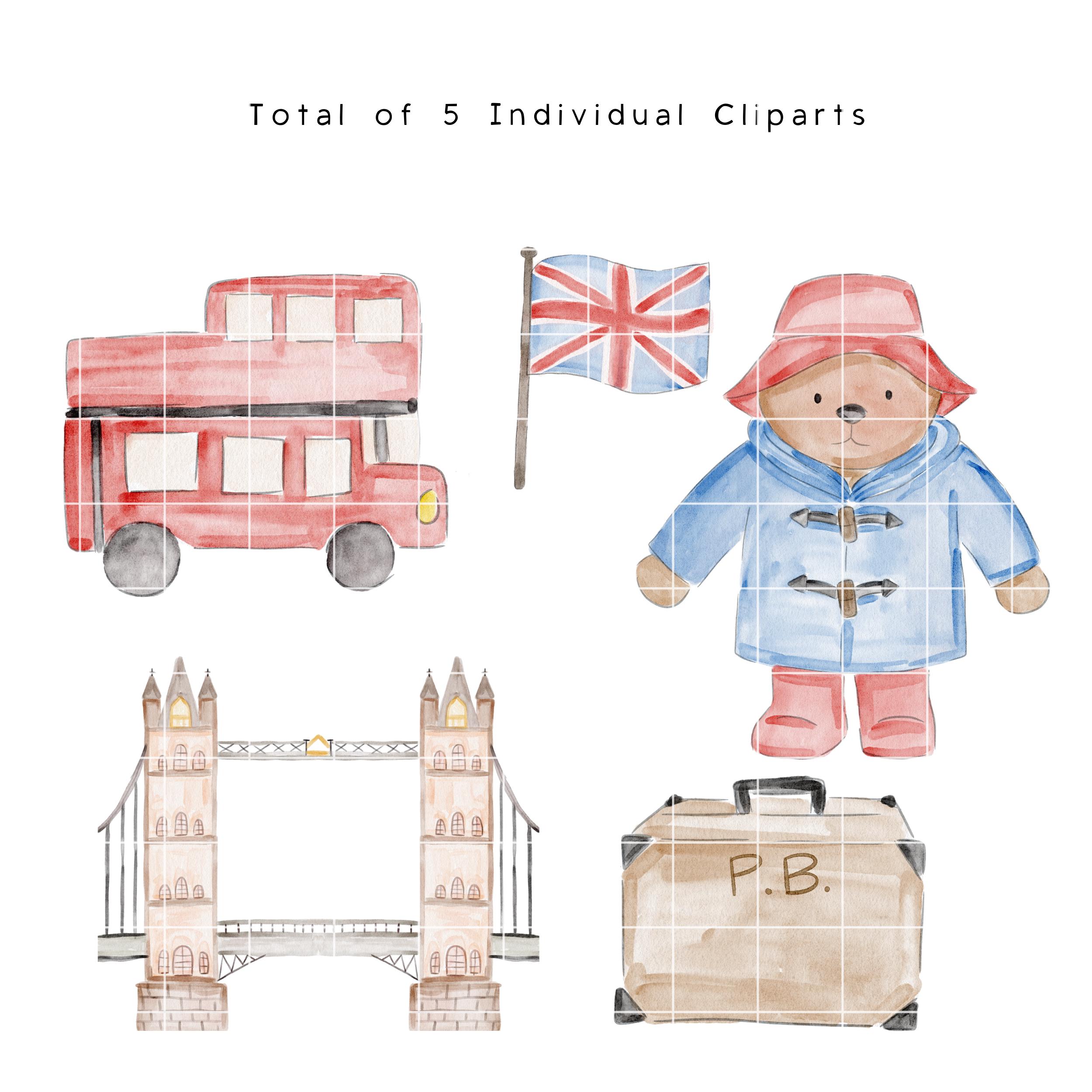 Watercolor Paddington Bear Clipart, UK Watercolor Clipart Bundle ...