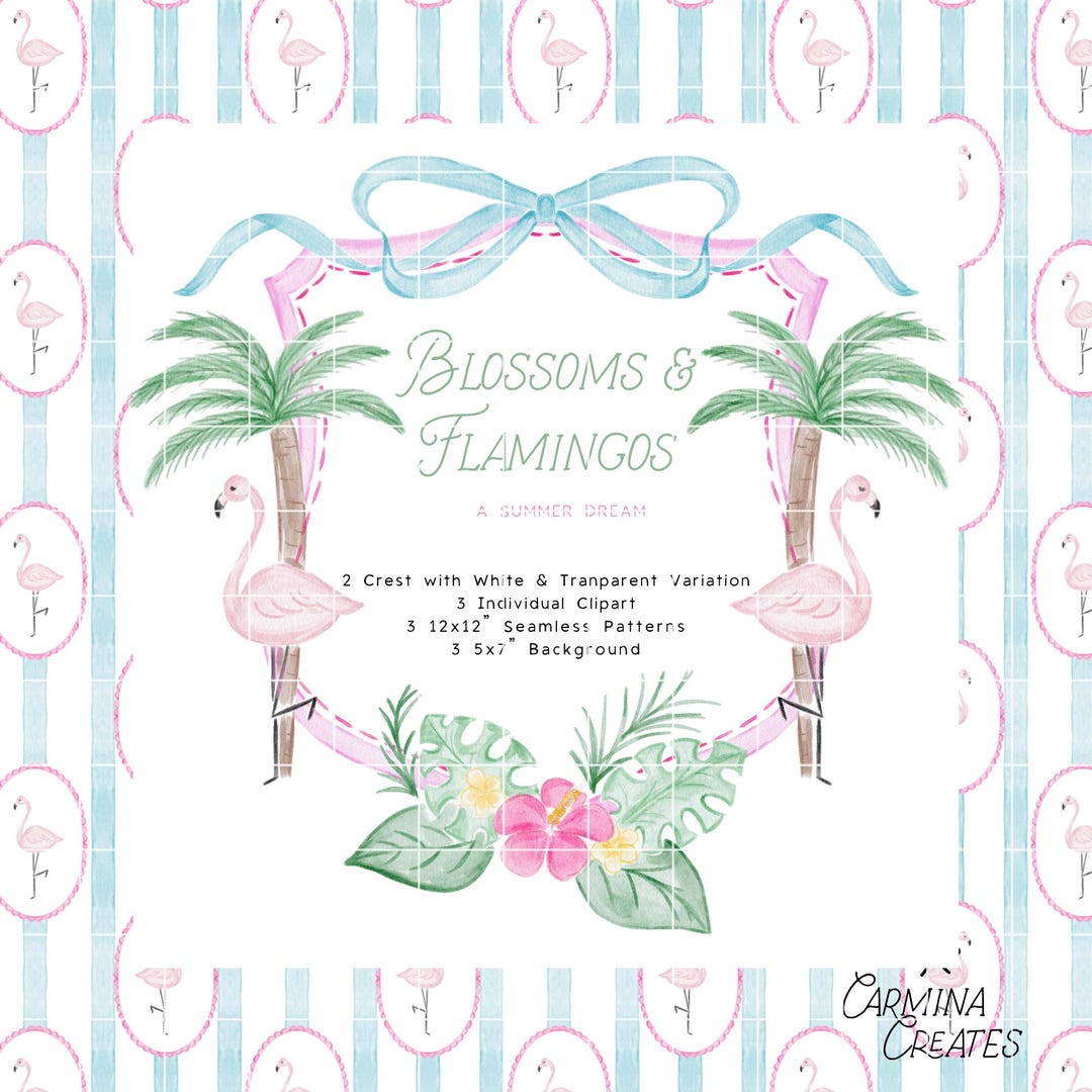 Flamingo Watercolor Crest, Summer Pink Crest, Summer Flowers Clipart ...