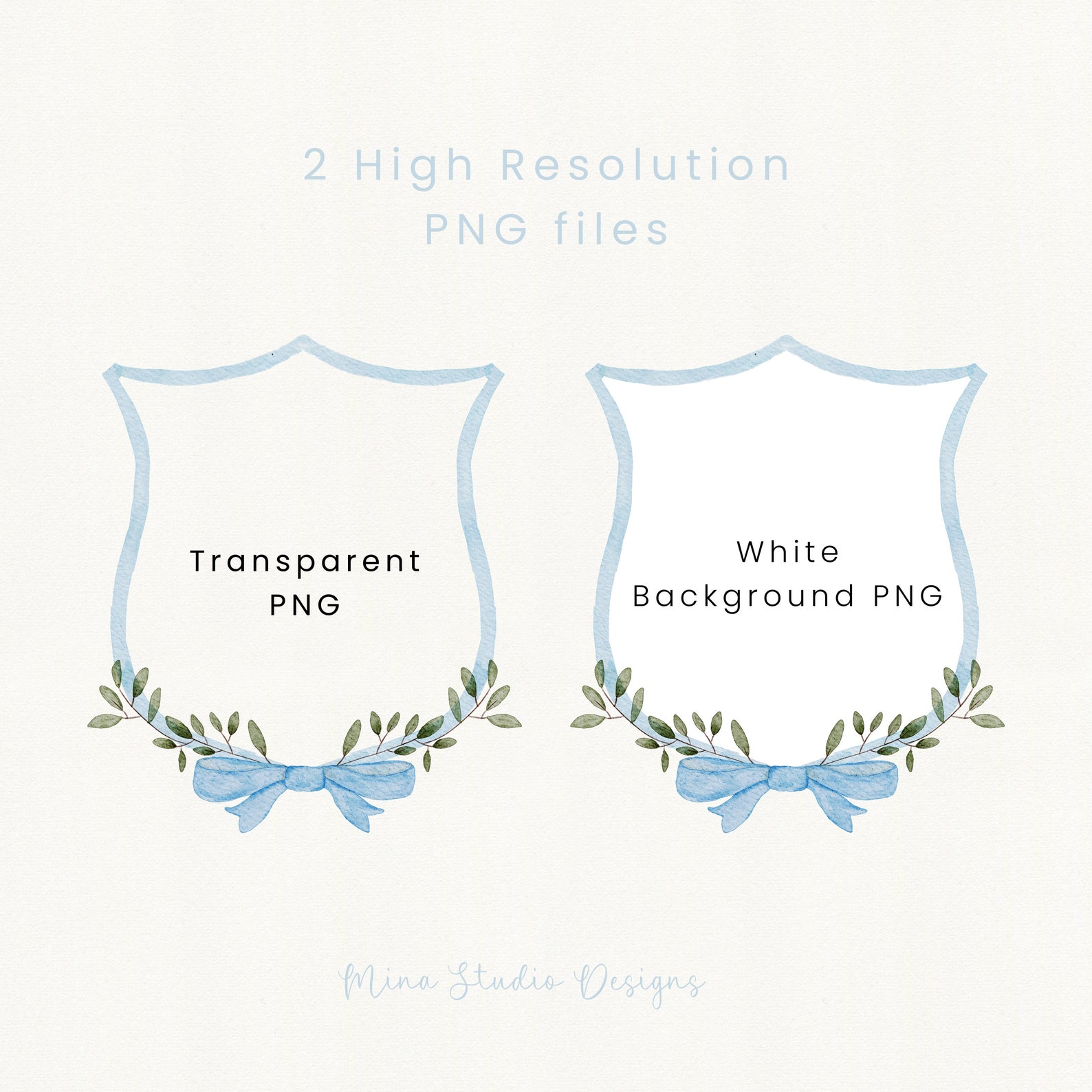 Preppy Blue Bow Crest With Green Leaves, Watercolor Blue Crest Clipart ...
