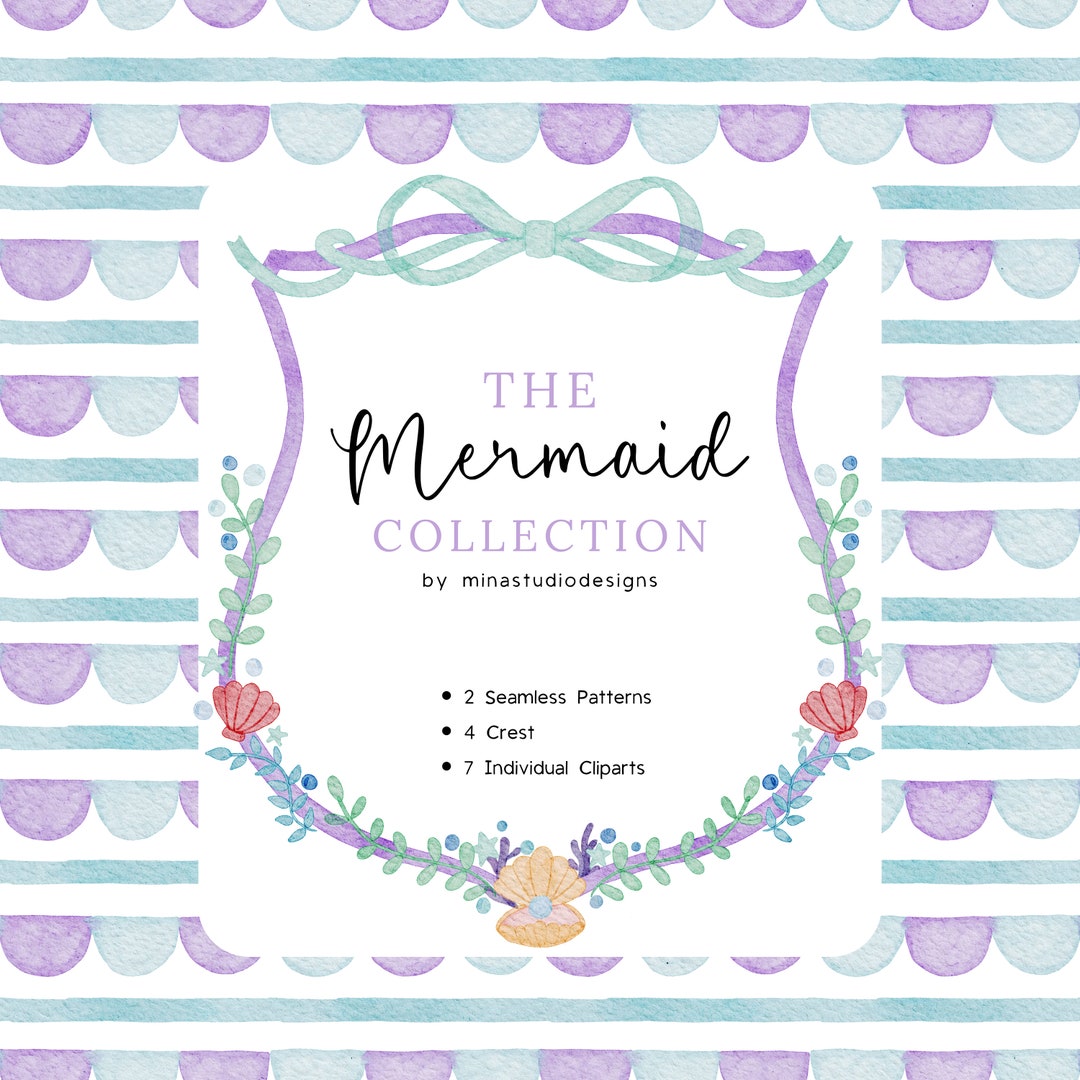 Mermaid Watercolor Crest, Purple Bow Watercolor Crest, Under the Sea ...