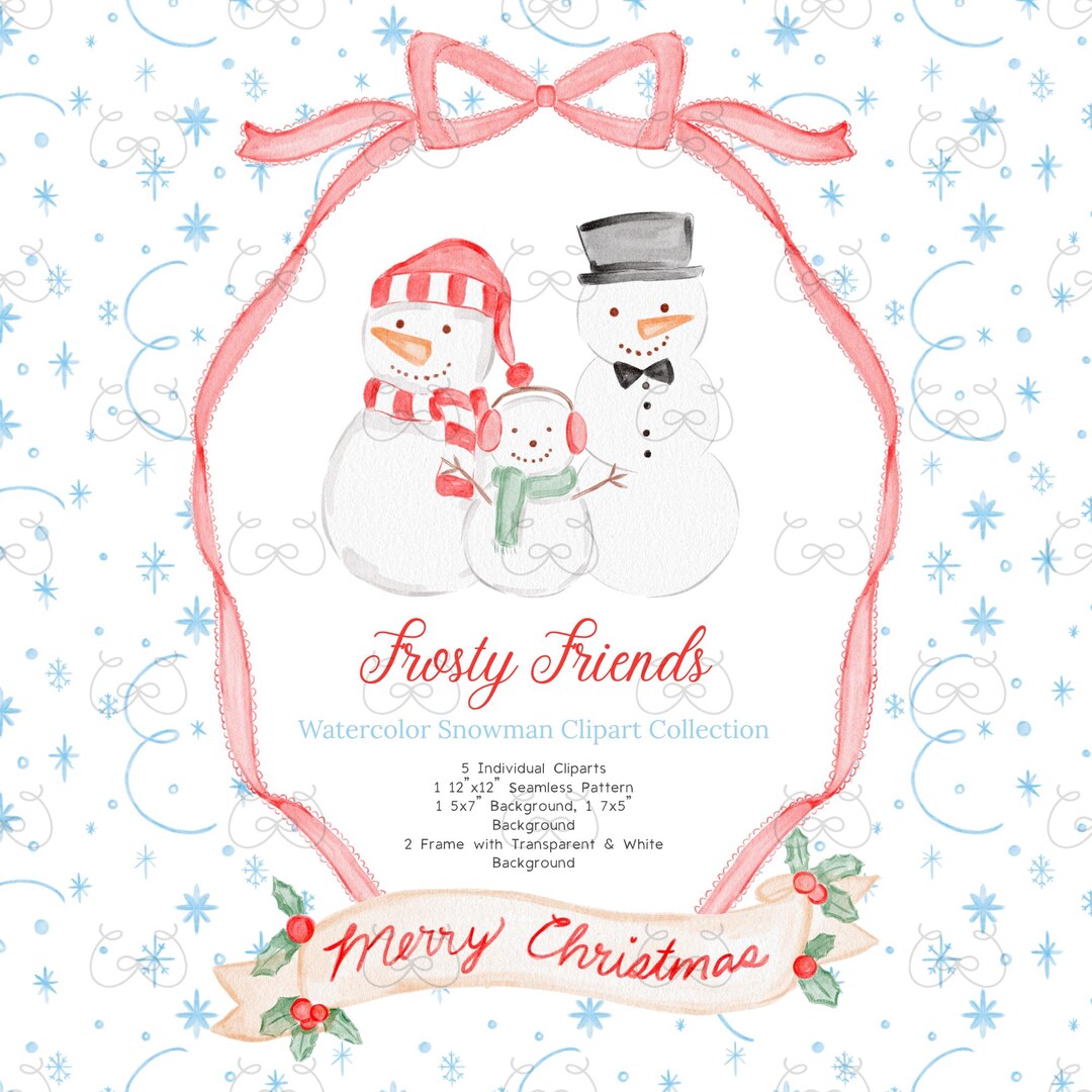 Watercolor Snowman Friends Clipart Bundle, Red Christmas Bow Frame With ...