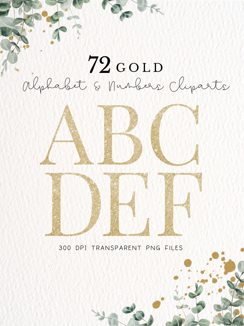 Gold Alphabet Clipart, Gold Glitter Letters PNG, Gold Numbers Cliparts ...