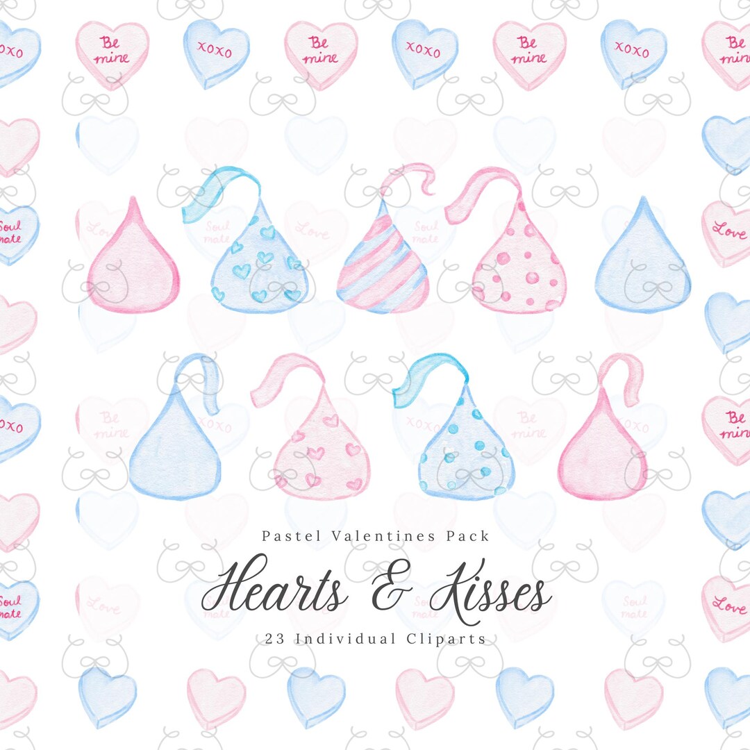 Conversation Hearts and Kisses Watercolor Clipart Bundle, Pastel Hearts ...