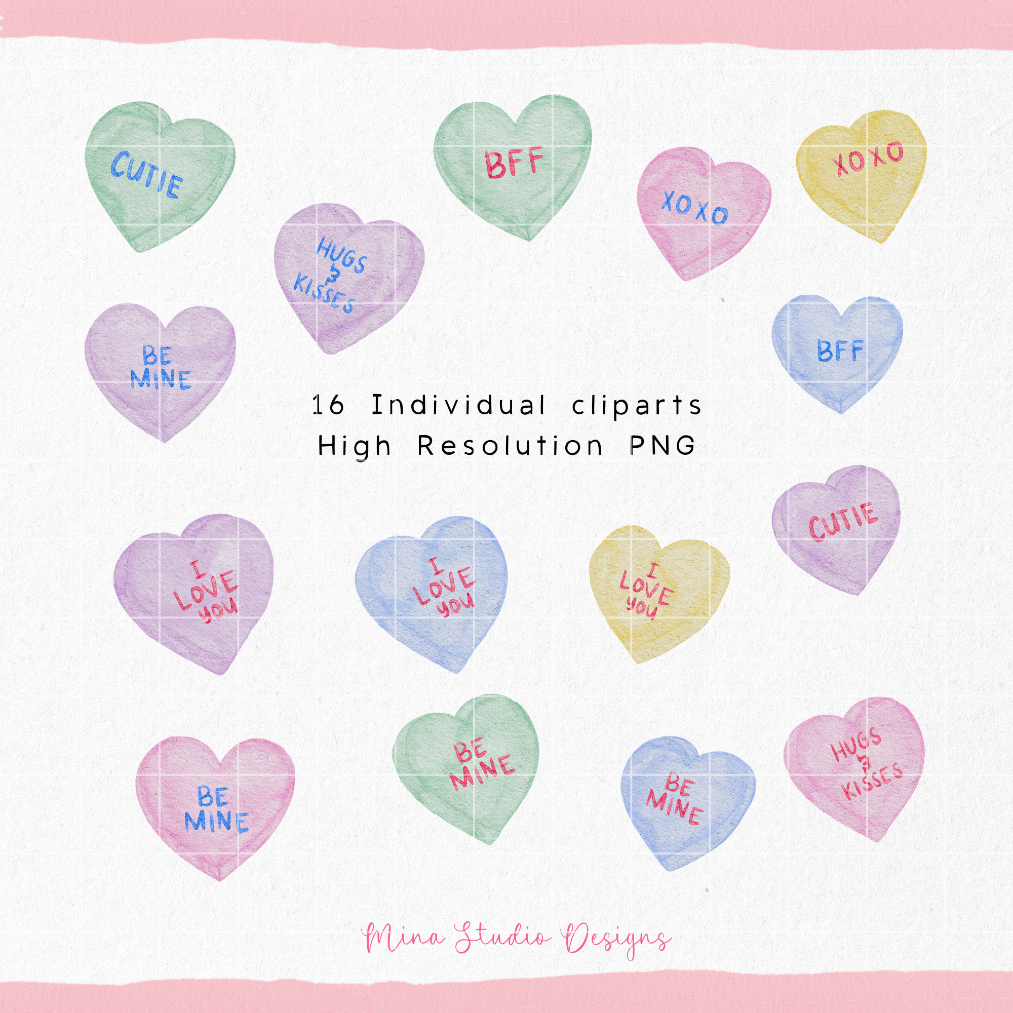 Watercolor Candy Hearts Clipart, Valentines Day Heart Candy, Pastel ...