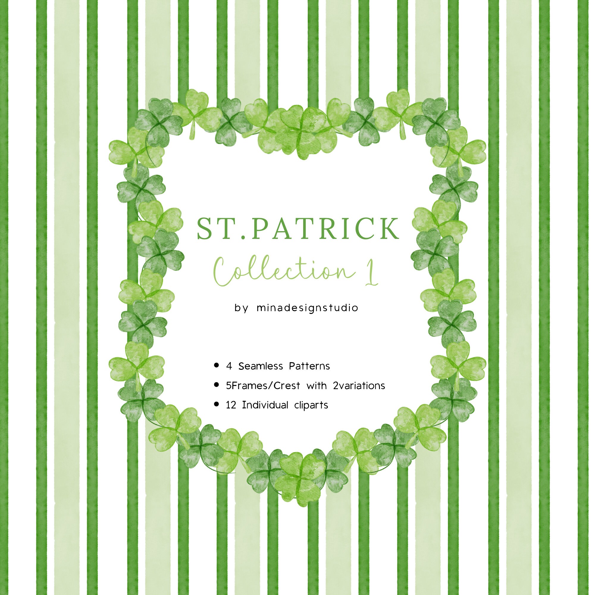 St. Patricks Day Watercolor Clipart Bundle, Green Stripes Seamless ...