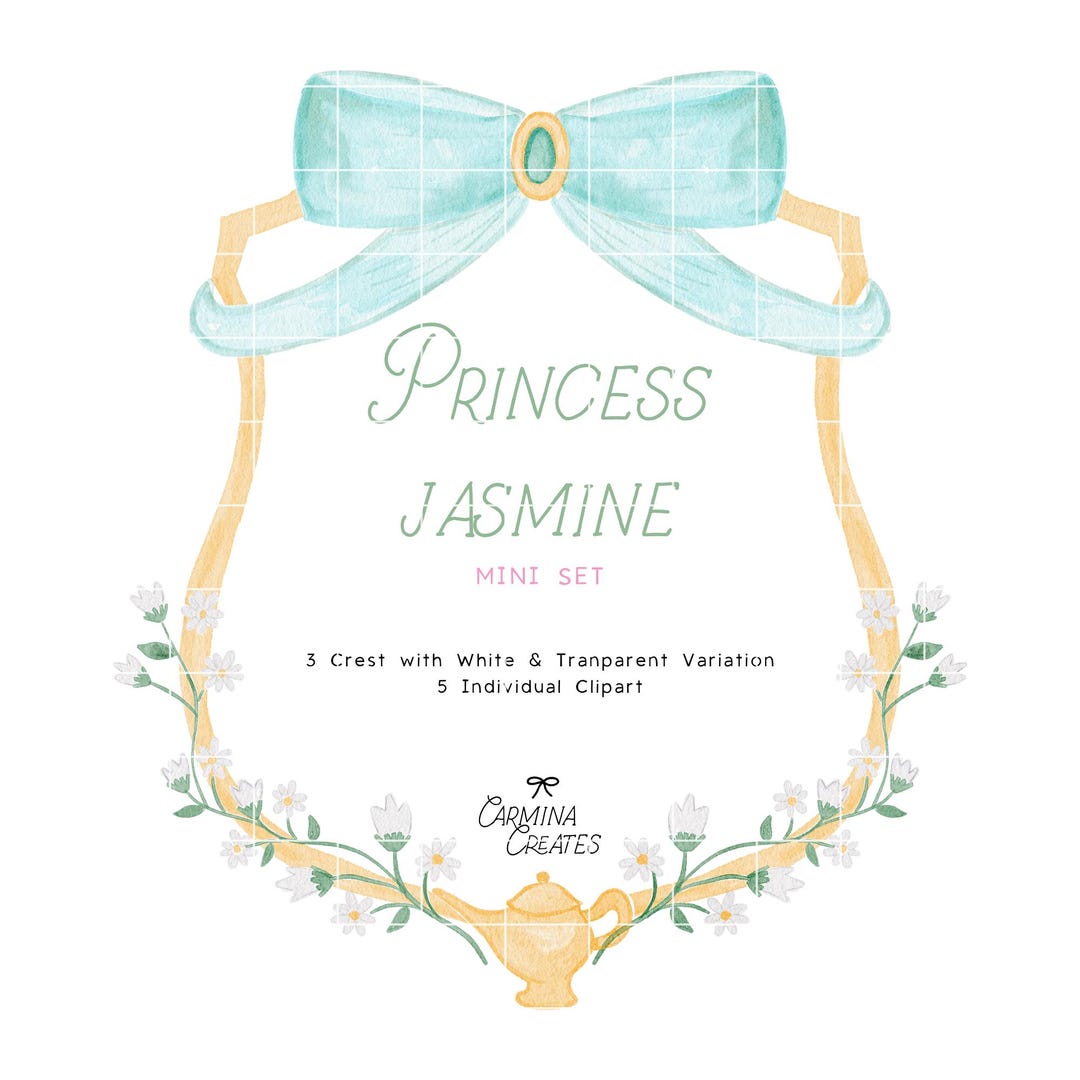 Princess Jasmine Watercolor Crest, Blue Green Bow Crest, Magic Carpet ...