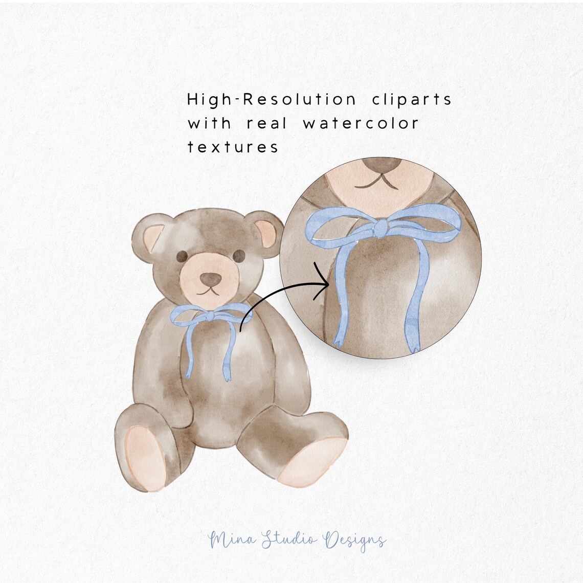 Blue Bow Bear Clipart, Watercolor Bear Clip Art, Blue Gingham ...