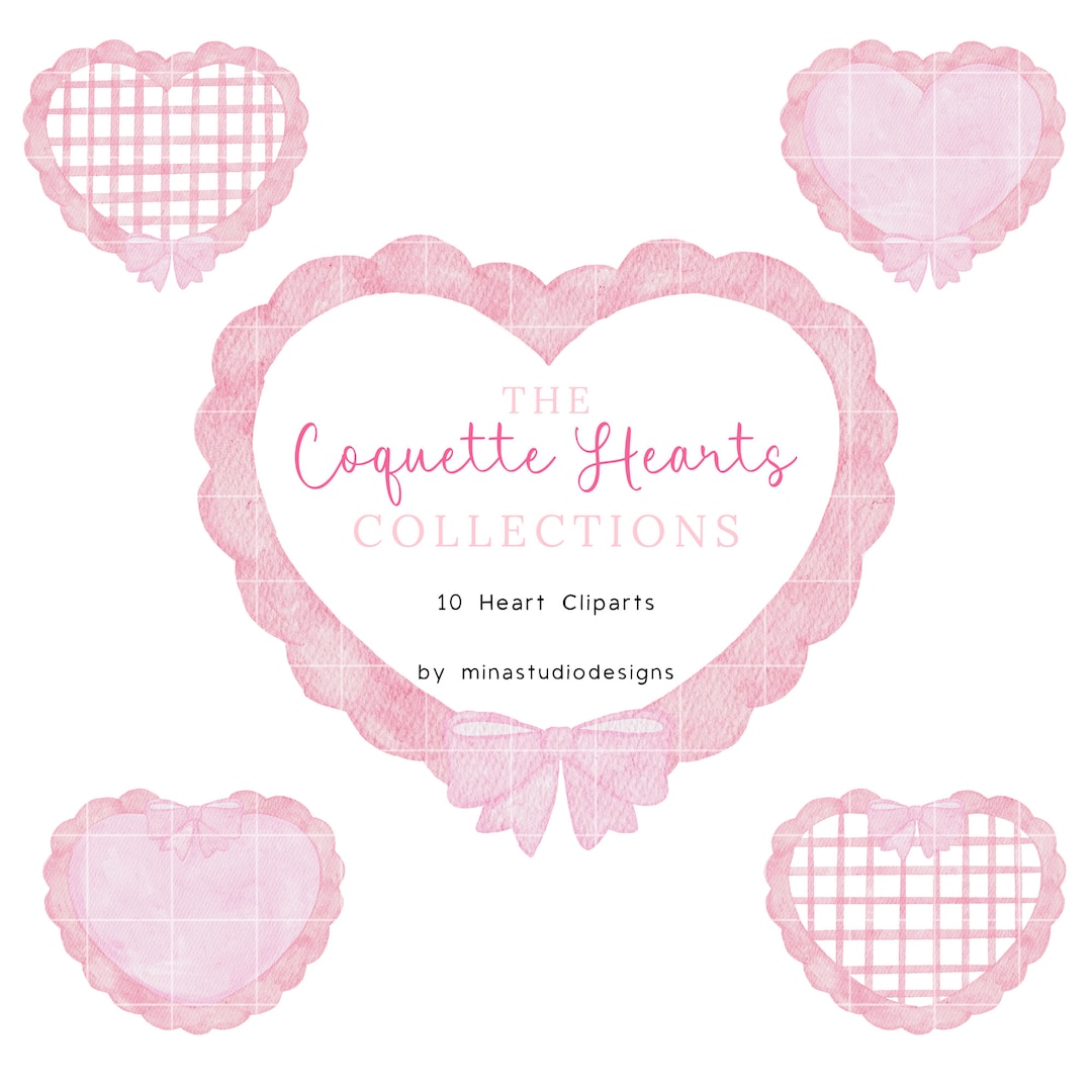 Preppy Pink Heart With Bow, Watercolor Coquette Heart Clipart, Gingham ...