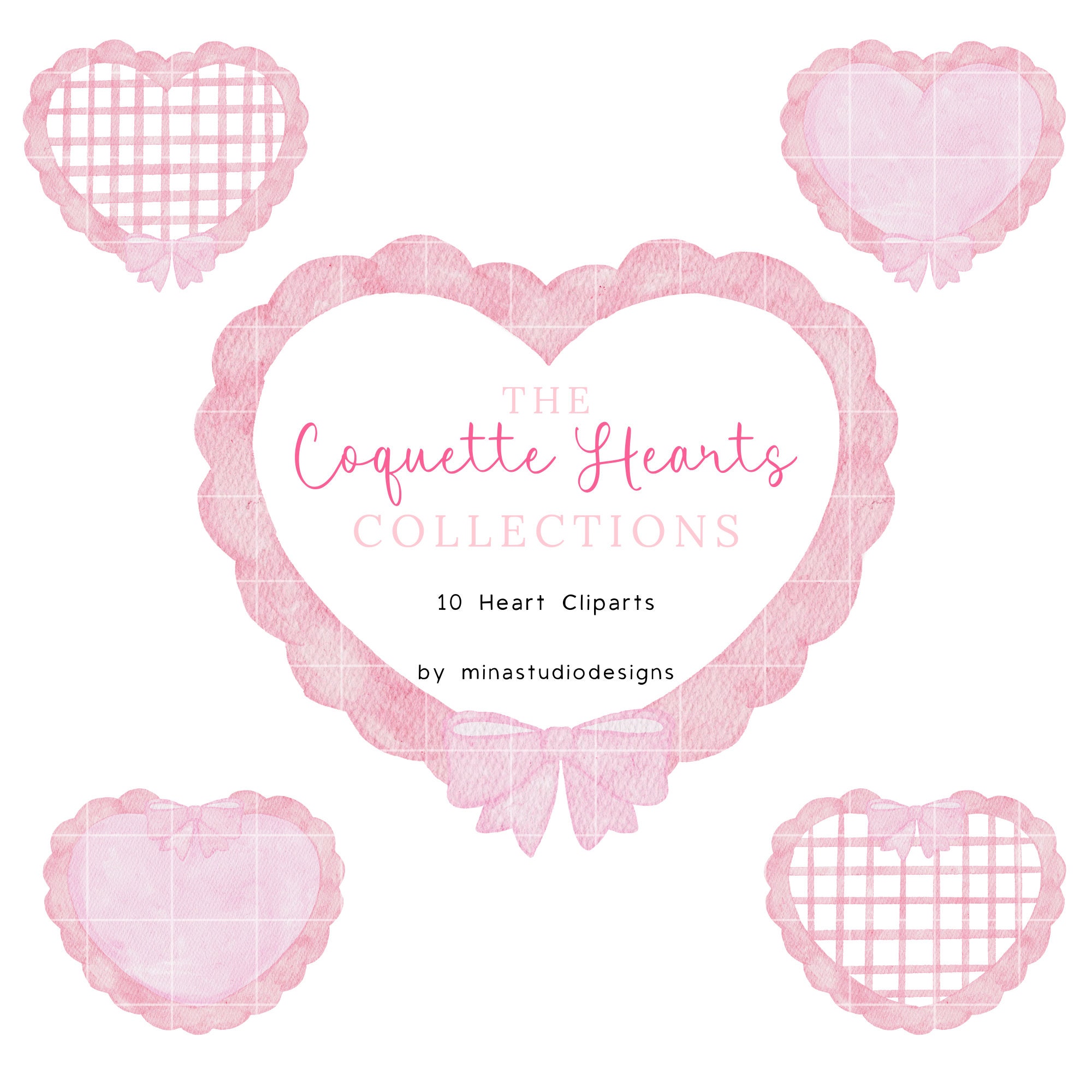 Preppy Pink Heart With Bow, Watercolor Coquette Heart Clipart, Gingham ...