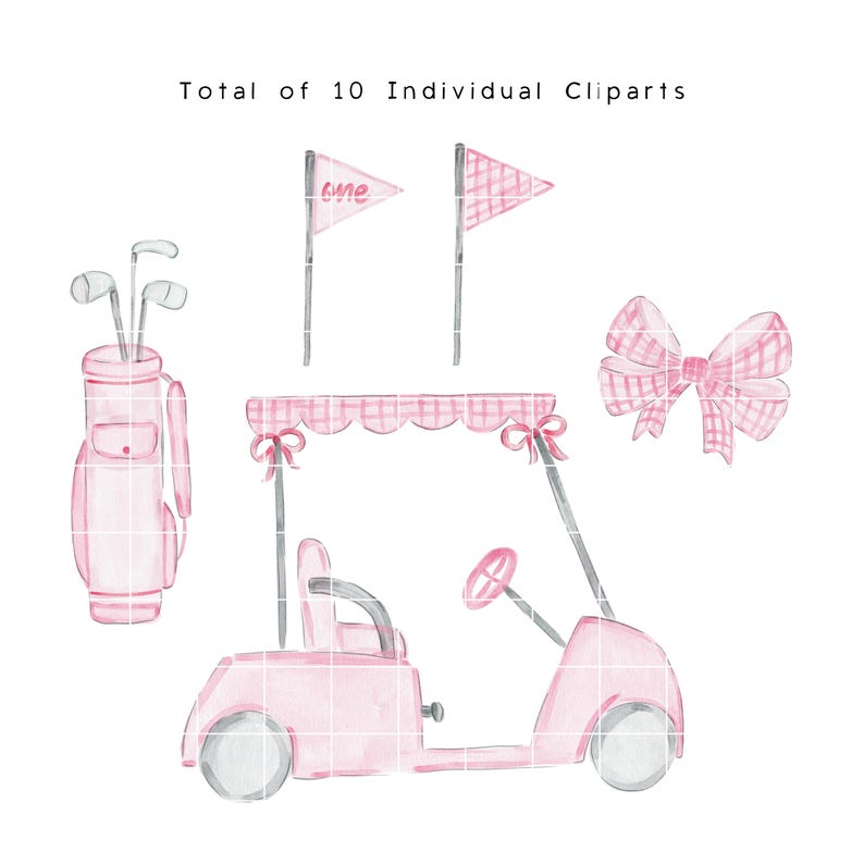 Pink Golf Watercolor Clipart Bundle, Pink Gingham Pattern, Golf Cart ...
