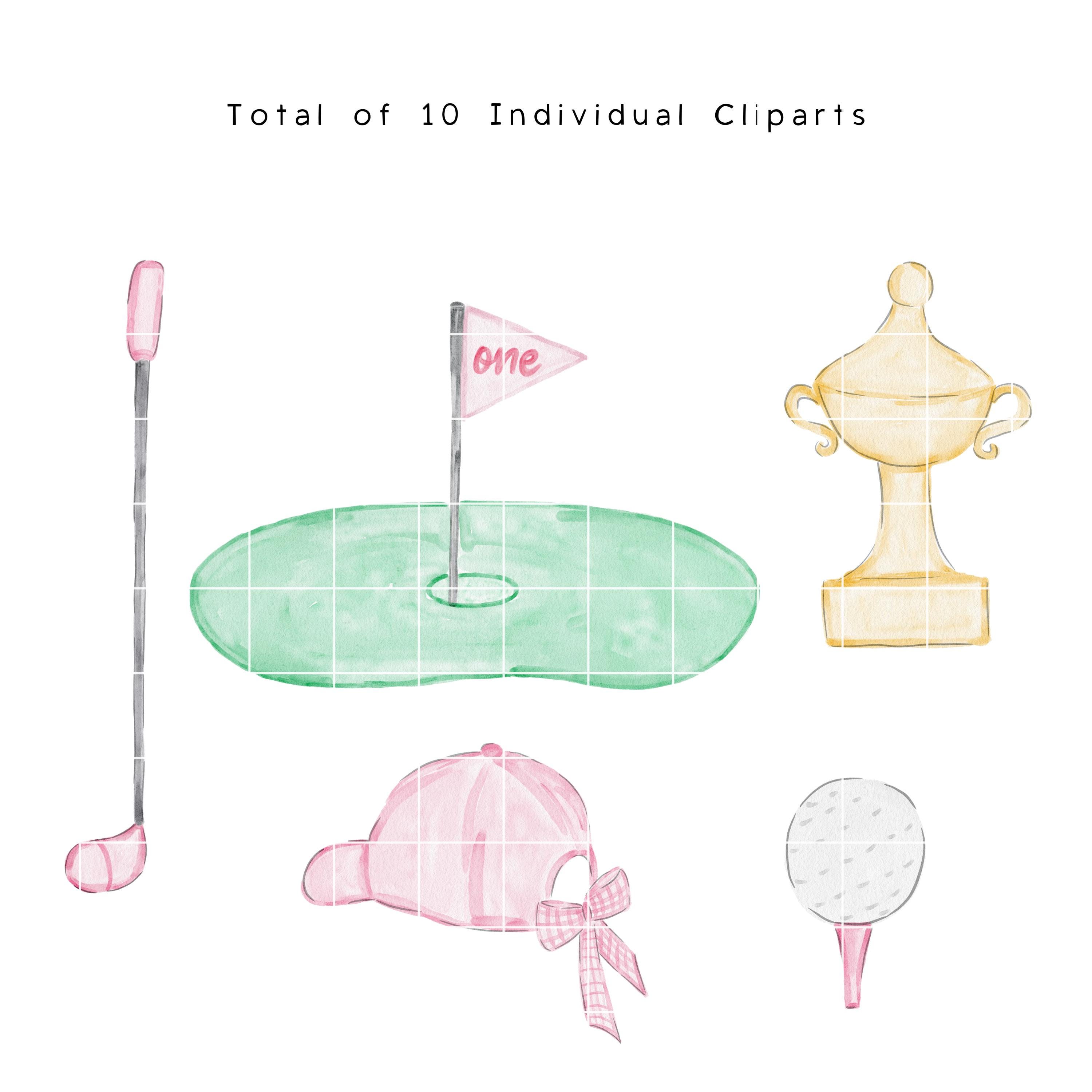 Pink Golf Watercolor Clipart Bundle, Pink Gingham Pattern, Golf Cart ...