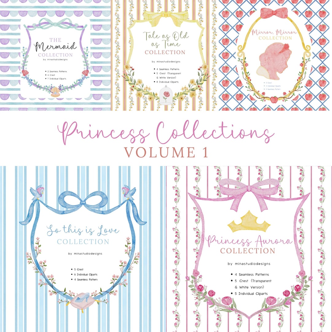 Princess Collection Bundle, Watercolor Crest Clipart, Princess Aurora ...