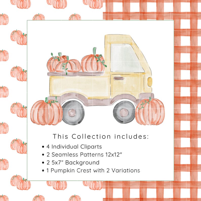 Watercolor Pumpkin Truck Clipart, Fall Pumpkin Watercolor Crest, Orange ...