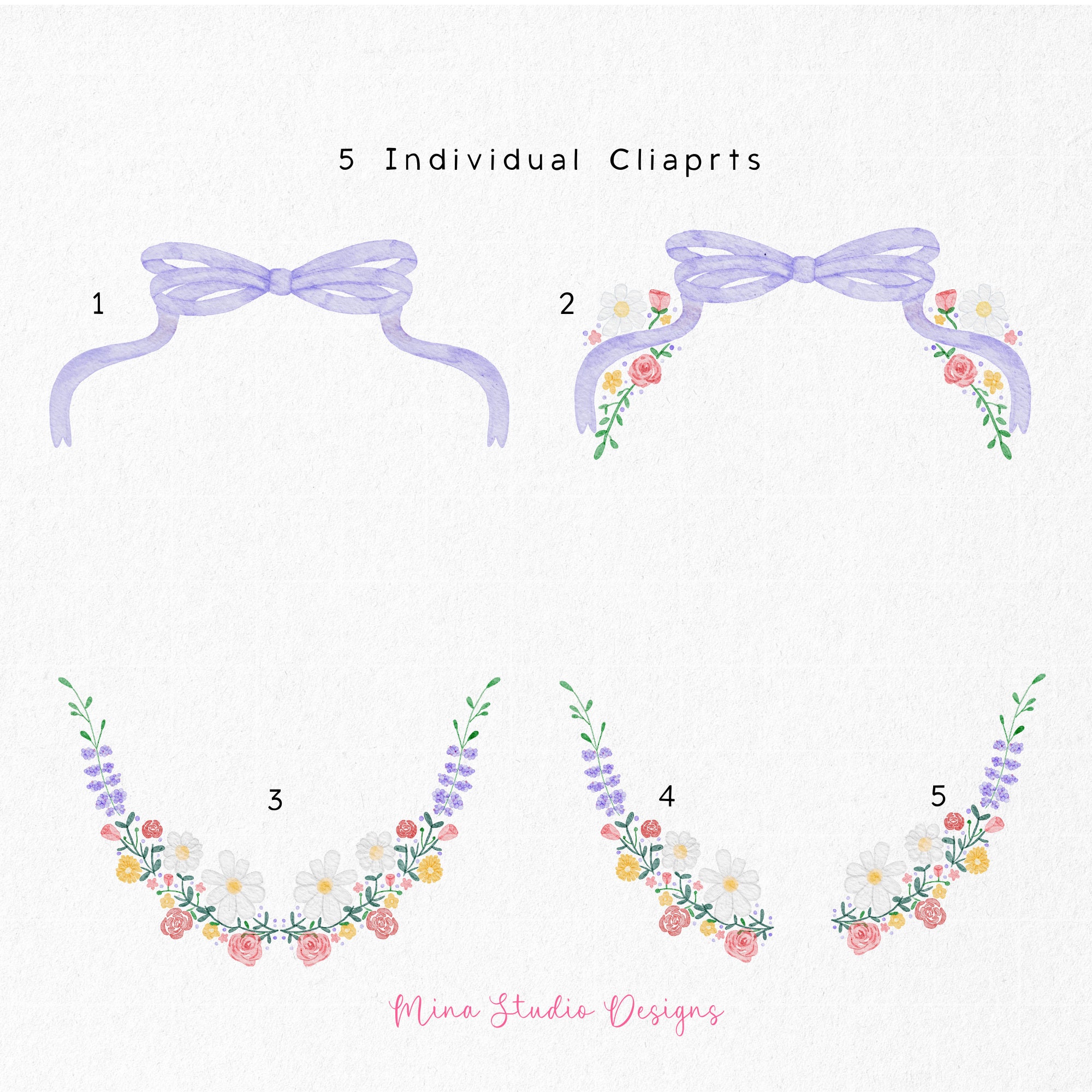 Purple Bow Spring Flower Crest, Spring Floral Watercolor Crest, Bow ...