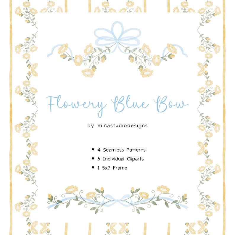 Blue Bow Flower Frame, Yellow Flower Blue Ribbon 5x7 Frame, Watercolor ...