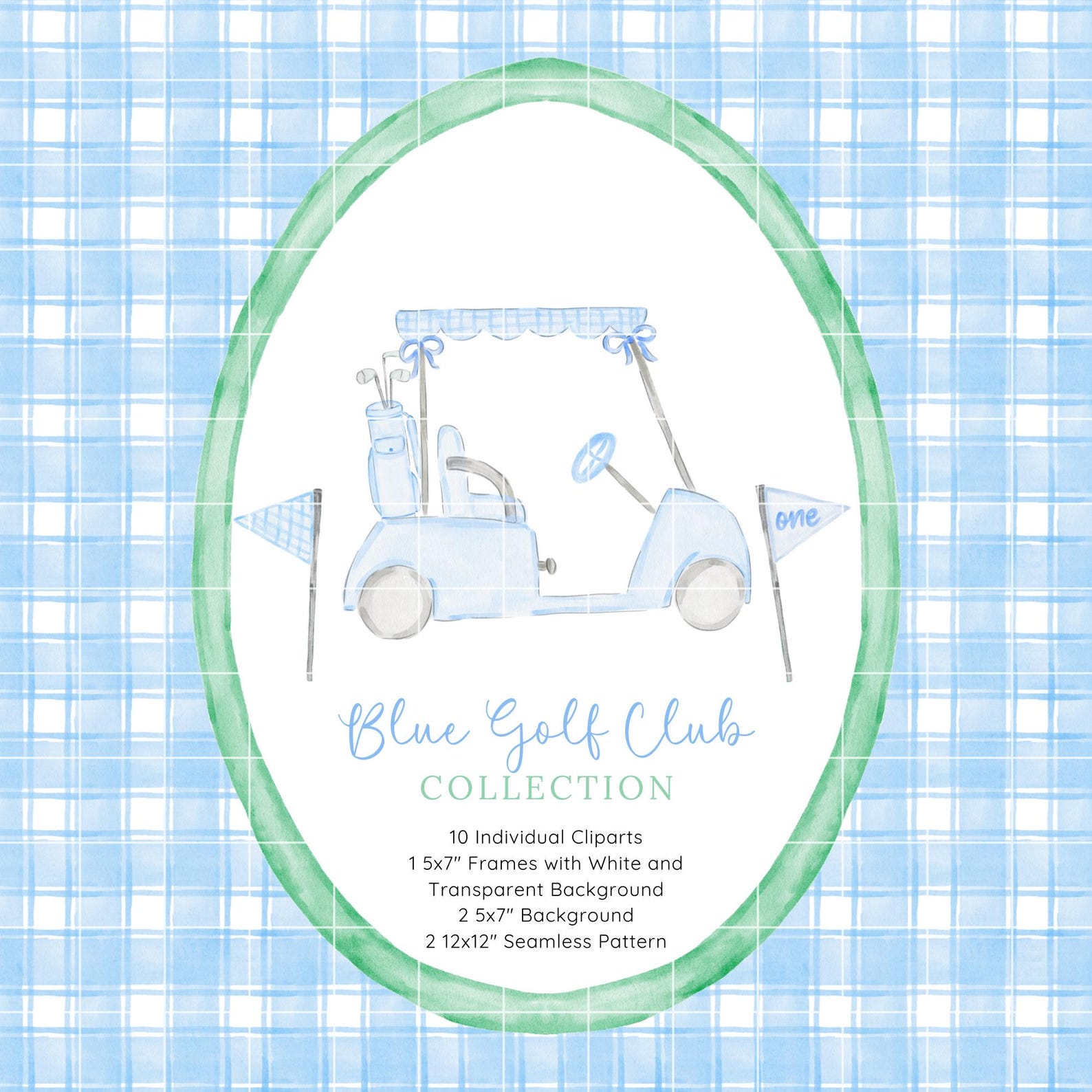 Watercolor Golf Clipart Set, Blue Gingham Golf Set, Watercolor Golf ...
