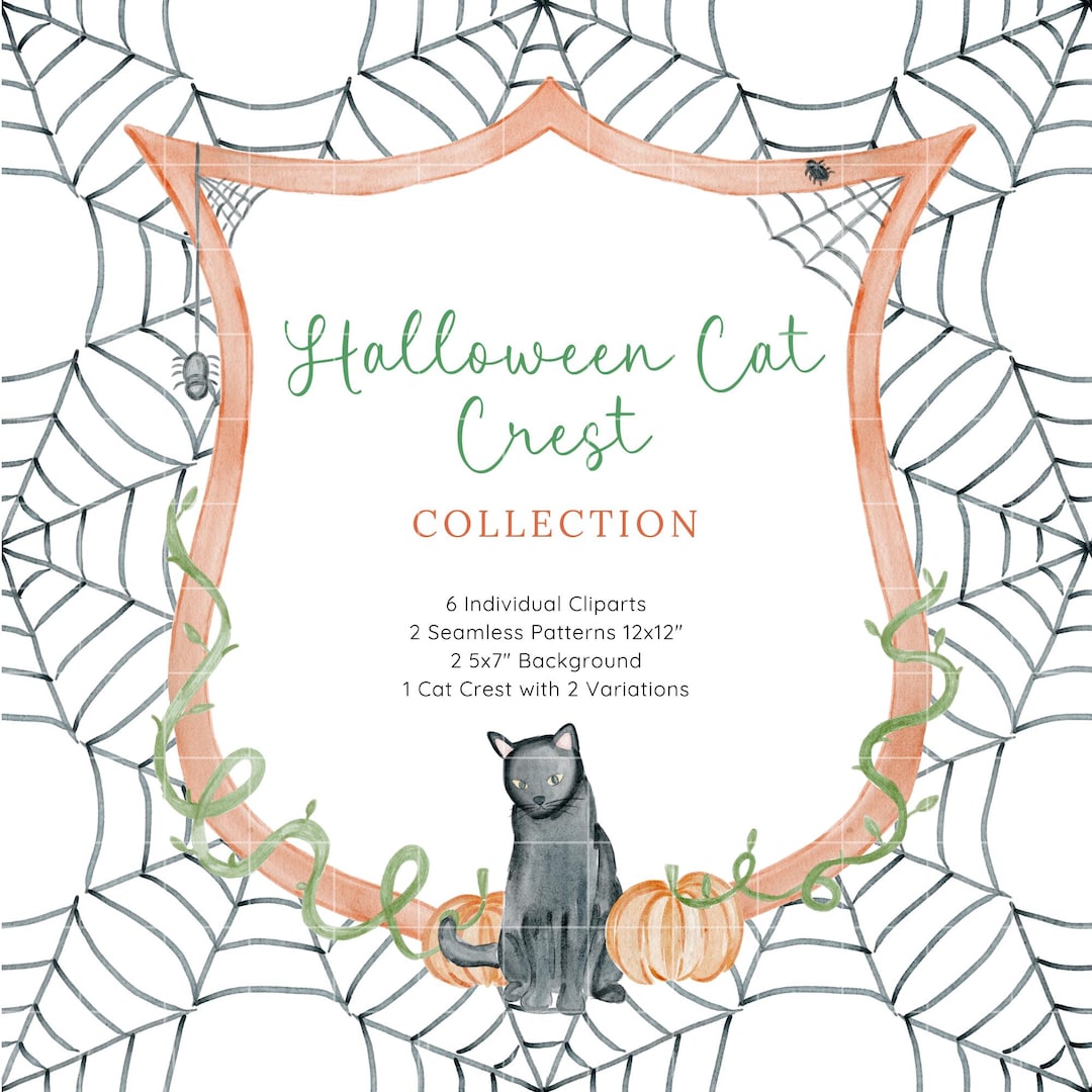 Halloween Watercolor Crest, Black Cat Clip Art, Halloween Watercolor ...