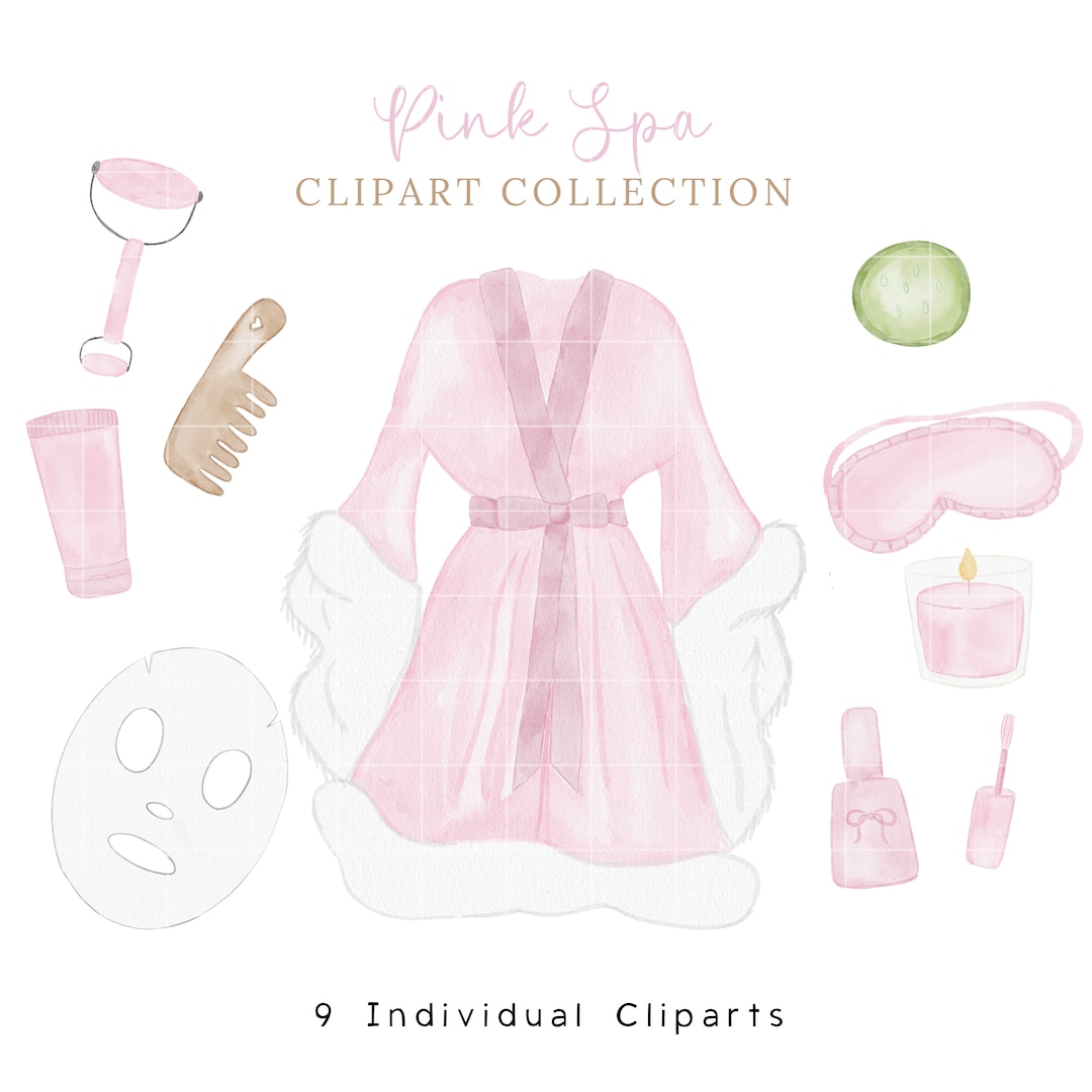 Spa Day Watercolor Clipart, Pink Spa Clip Art, Pink Fur Bathrobe, Self ...
