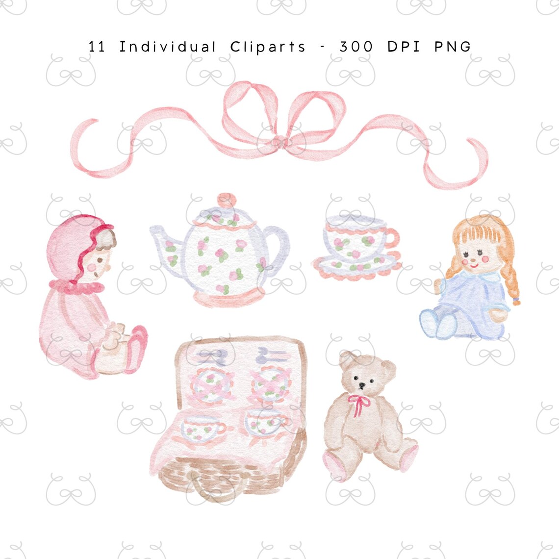 Girl Tea Time Watercolor Illustration Pack, Girl Toys Clipart, Pink Bow ...