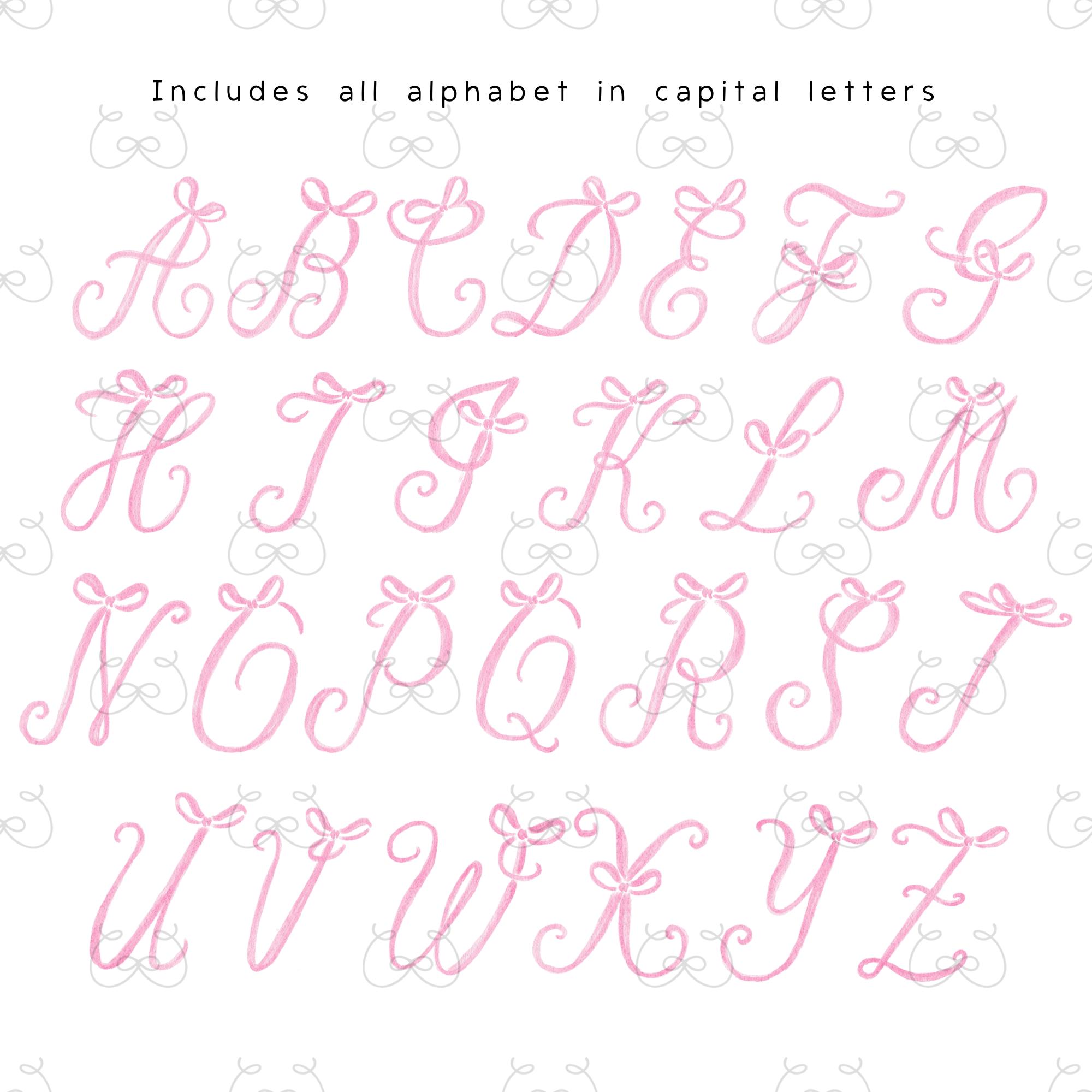 Baby Pink Bow Alphabet Watercolor Clipart, Ribbon Monogram Letters PNG ...