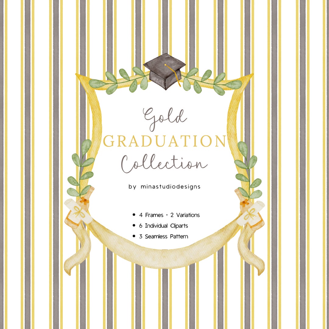 Gold Graduation Watercolor Clip Art, Graduation Hat Clipart, Gold Crest ...