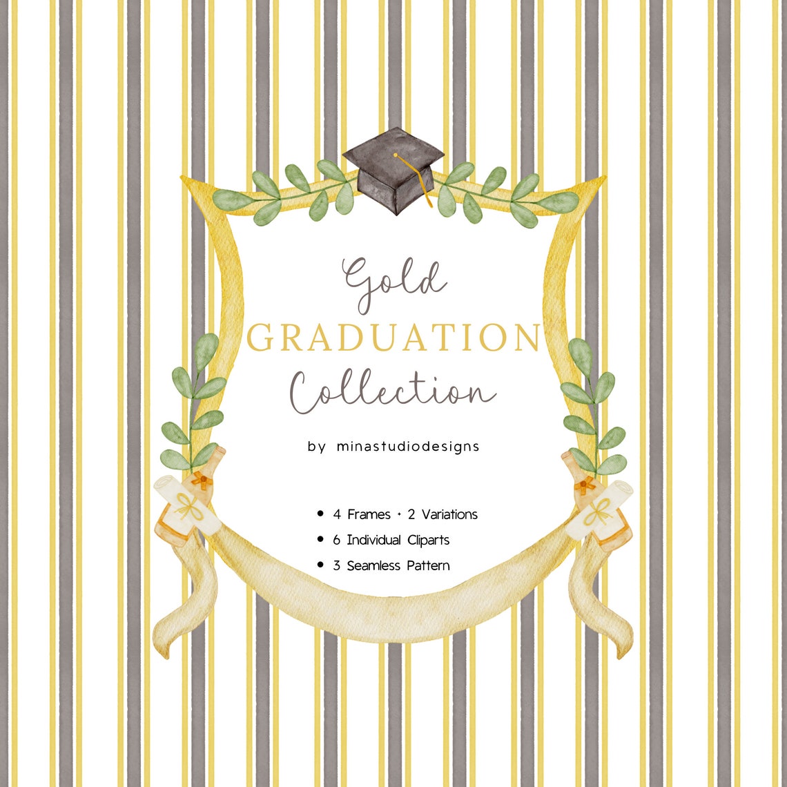 Gold Graduation Watercolor Clip Art, Graduation Hat Clipart, Gold Crest ...