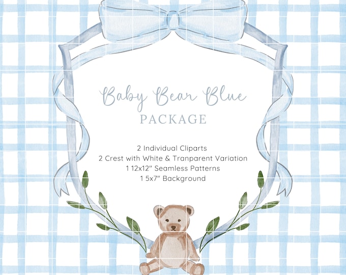 Watercolor Bear Crest, Blue Bow Crest Clipart, Baby Shower Watercolor ...