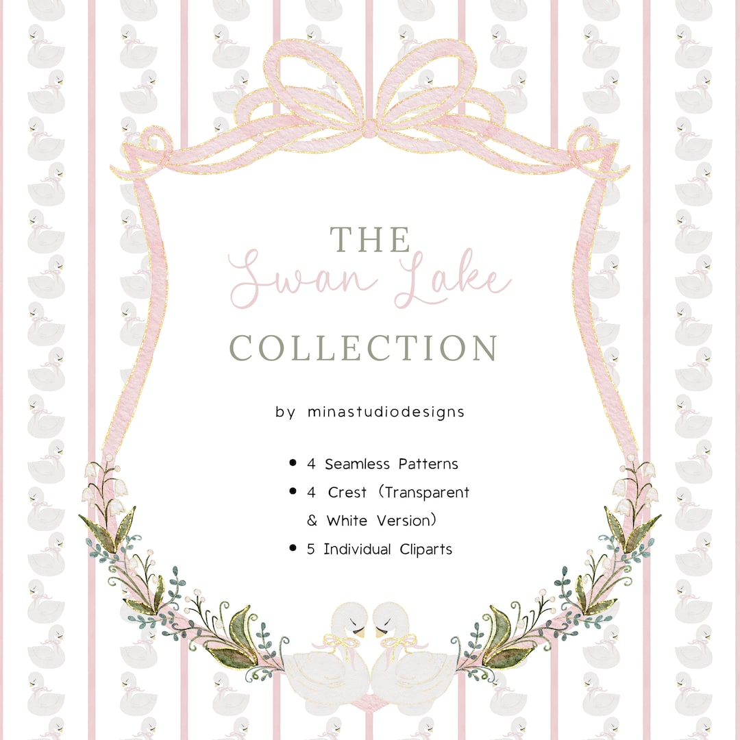 Swan Watercolor Crest, Pink Bow Crest Clipart Bundle, Swan Princess ...