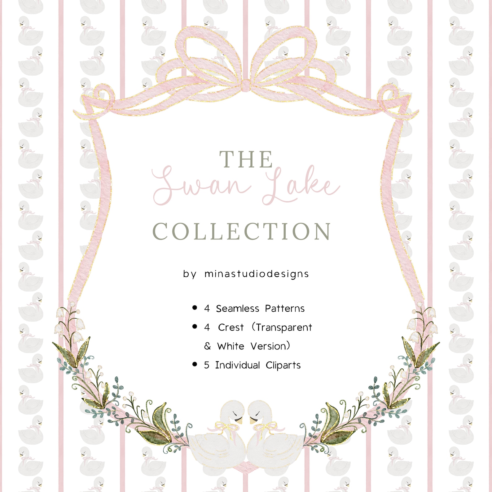 Swan Watercolor Crest, Pink Bow Crest Clipart Bundle, Swan Princess ...