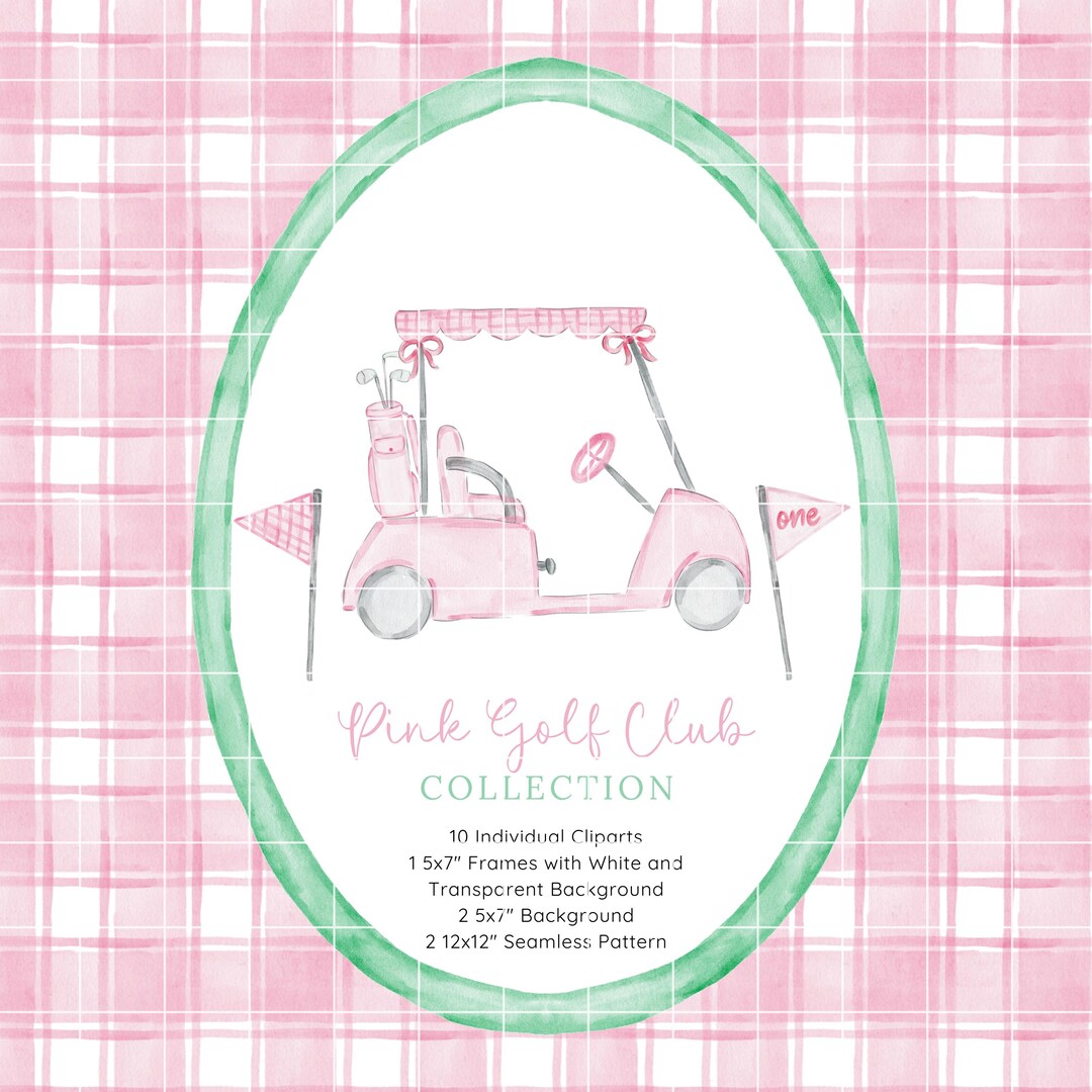 Pink Golf Watercolor Clipart Bundle, Pink Gingham Pattern, Golf Cart ...