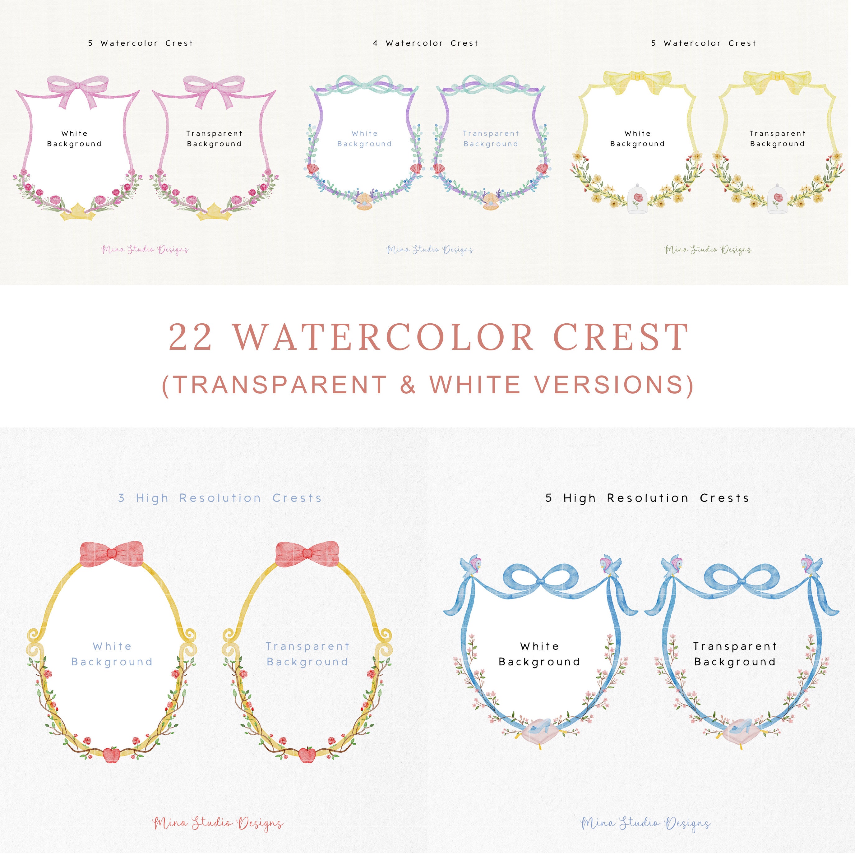 Princess Collection Bundle, Watercolor Crest Clipart, Princess Aurora ...