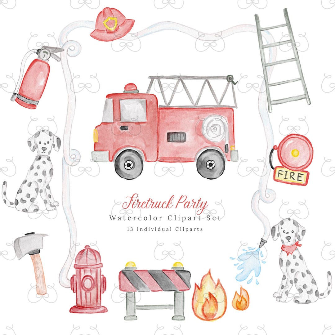 Firetruck Watercolor Clipart, Firefighter Birthday Party Clipart Set ...