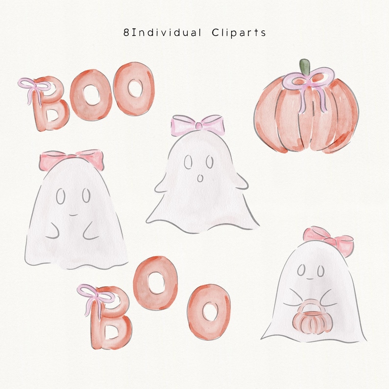 Preppy Ghost Watercolor Clipart, Cute Ghost Clip Art Bundle, Black Bow ...