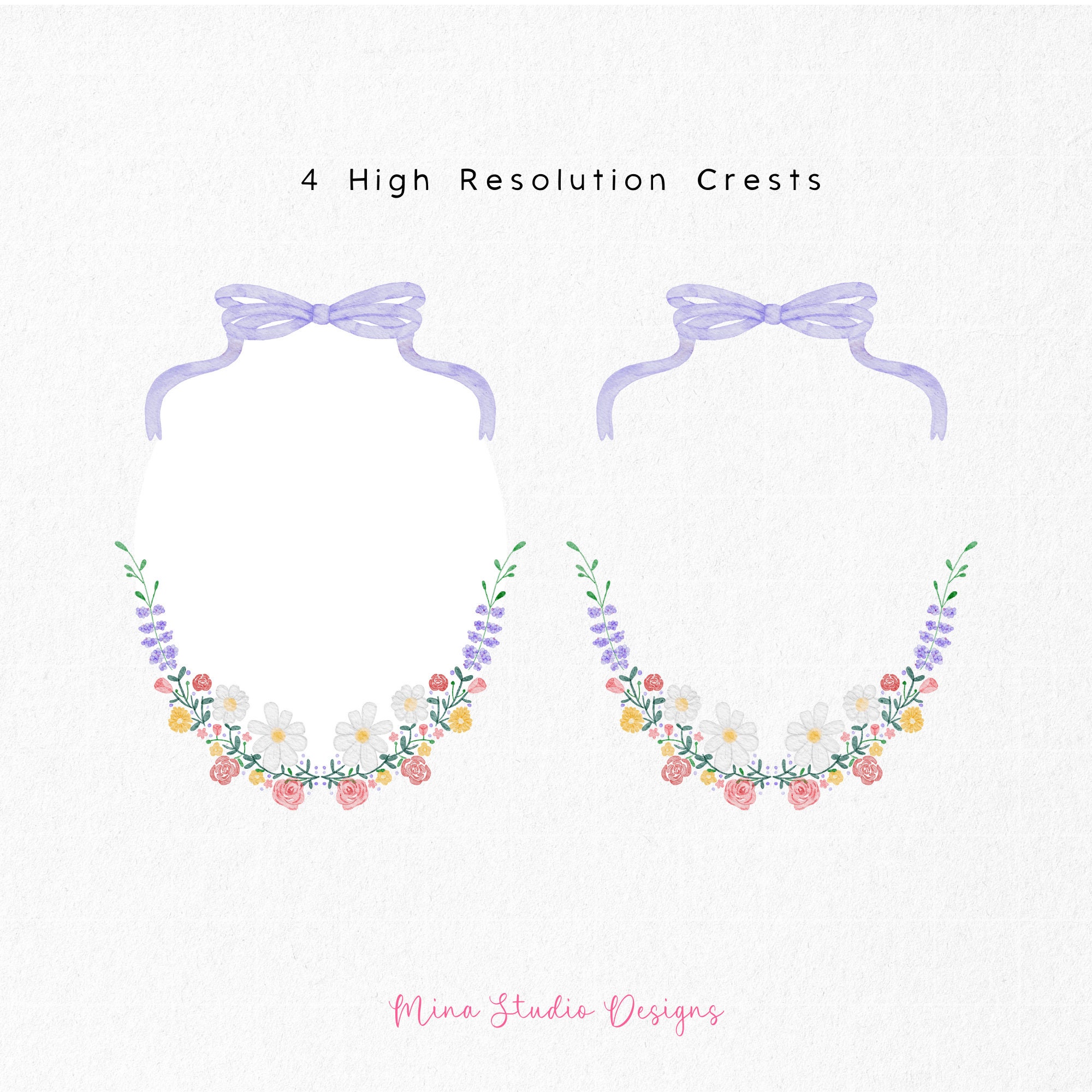 Purple Bow Spring Flower Crest, Spring Floral Watercolor Crest, Bow ...