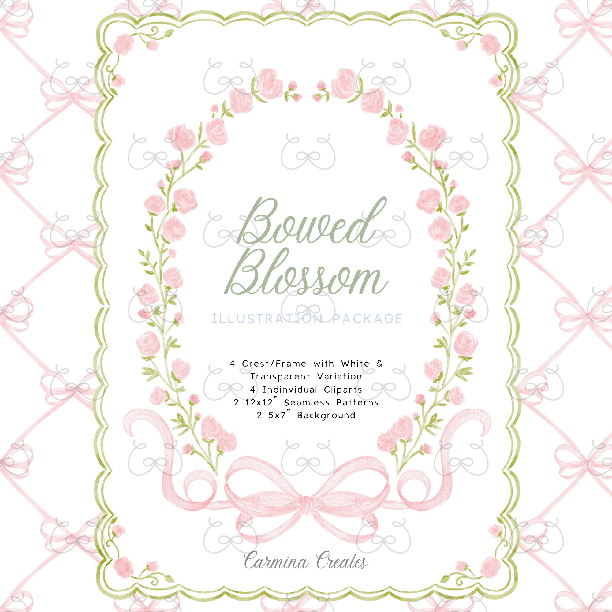 Watercolor Pink Roses Frame, Pink Bow Baby Crest, Baby Girl Watercolor ...
