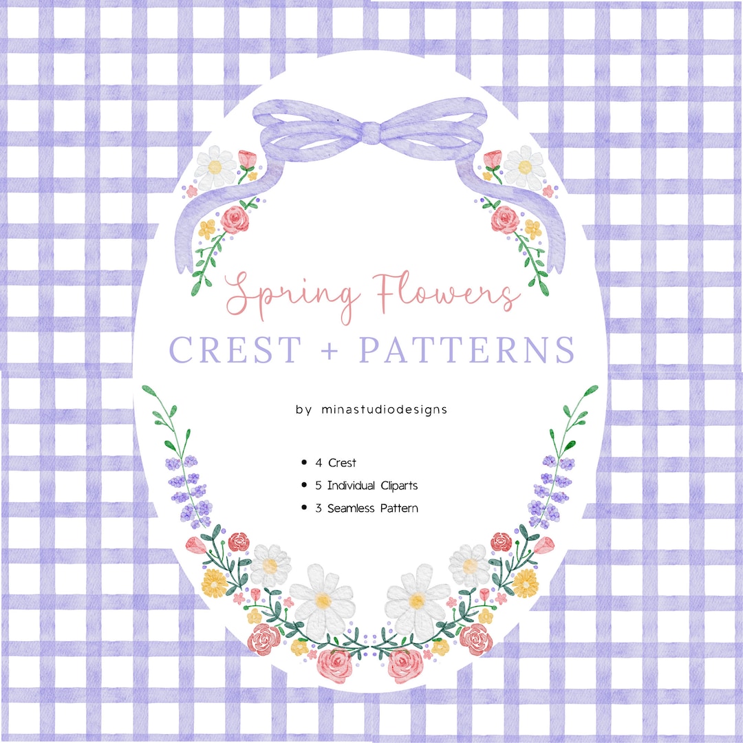 Purple Bow Spring Flower Crest, Spring Floral Watercolor Crest, Bow ...