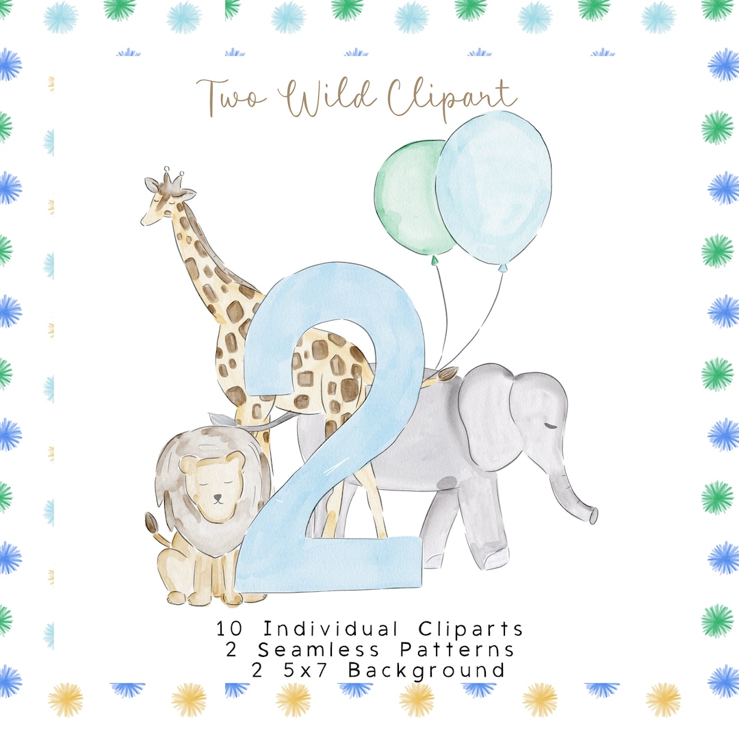 Two Wild Birthday Clipart, Jungle Watercolor Clipart Bundle, Boy ...