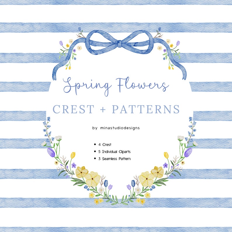 Blue Bow Spring Flowers Crest, Spring Floral Watercolor Crest, Blue ...