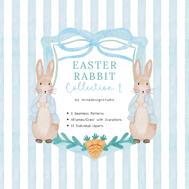 Easter Watercolor Clipart Bundle, Blue Rabbit Clip Art, Stripes ...