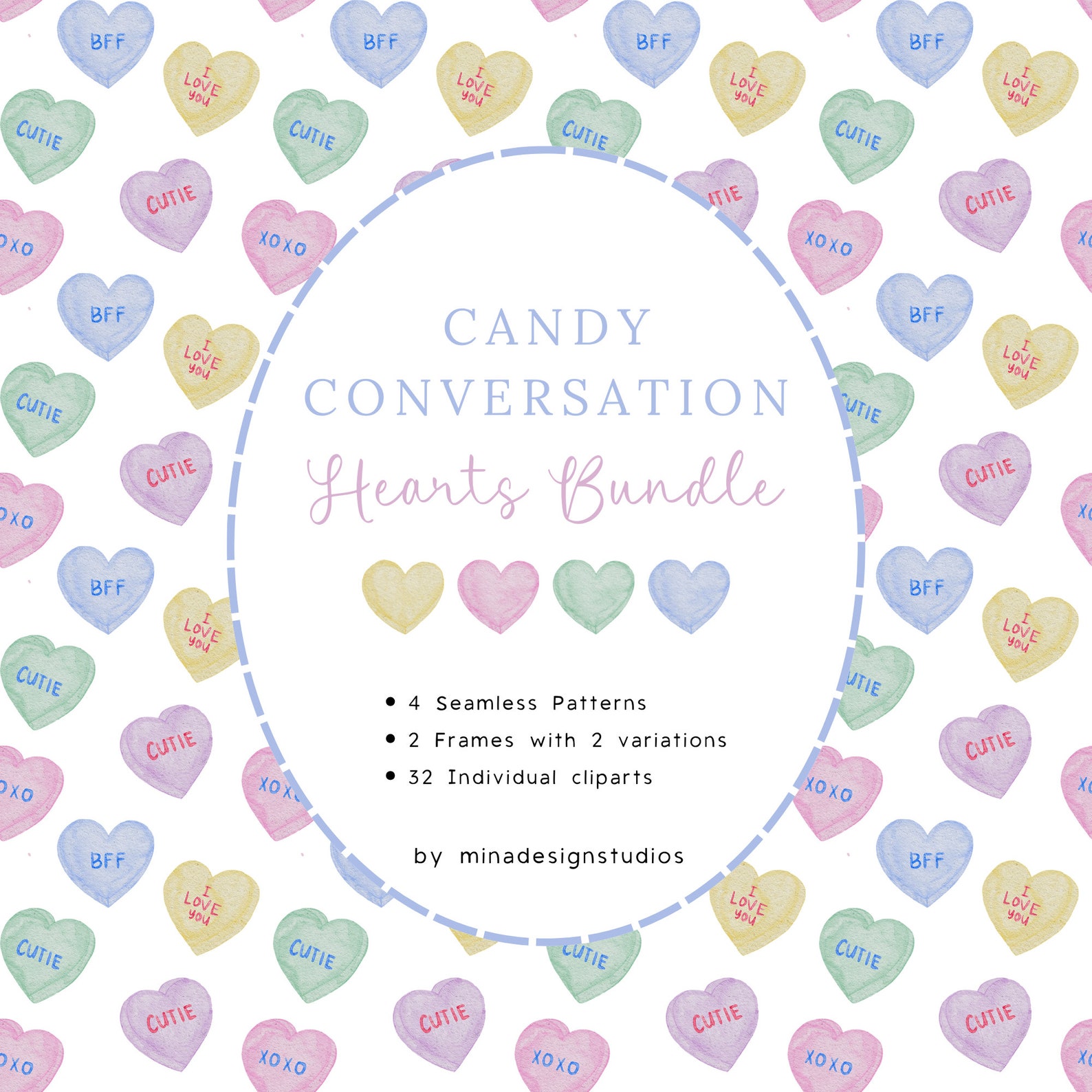 Watercolor Candy Hearts Clipart, Valentines Day Heart Candy, Pastel ...