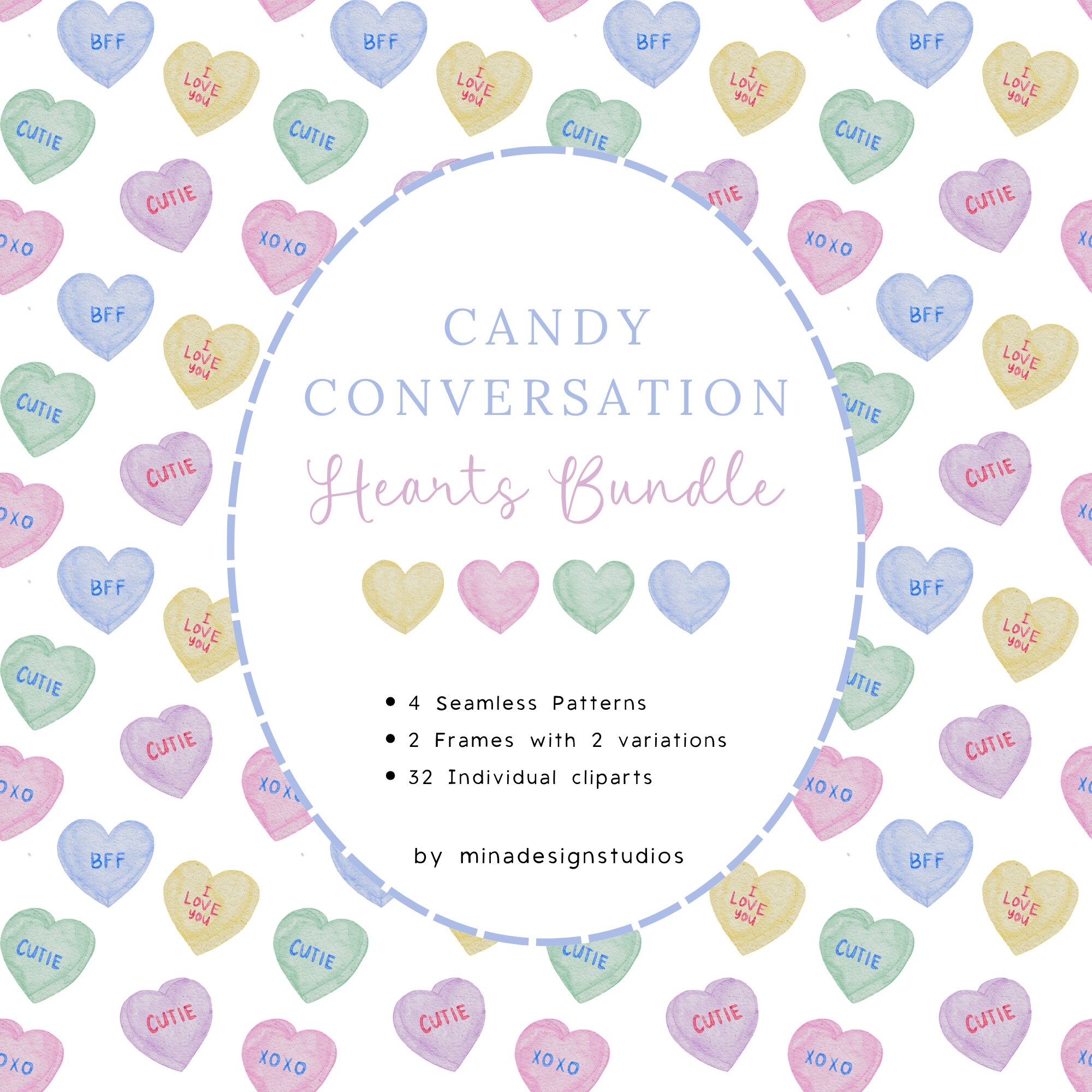 Watercolor Candy Hearts Clipart, Valentines Day Heart Candy, Pastel ...