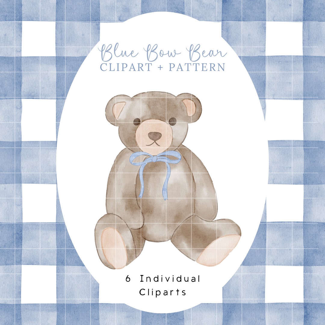 Blue Bow Bear Clipart, Watercolor Bear Clip Art, Blue Gingham ...
