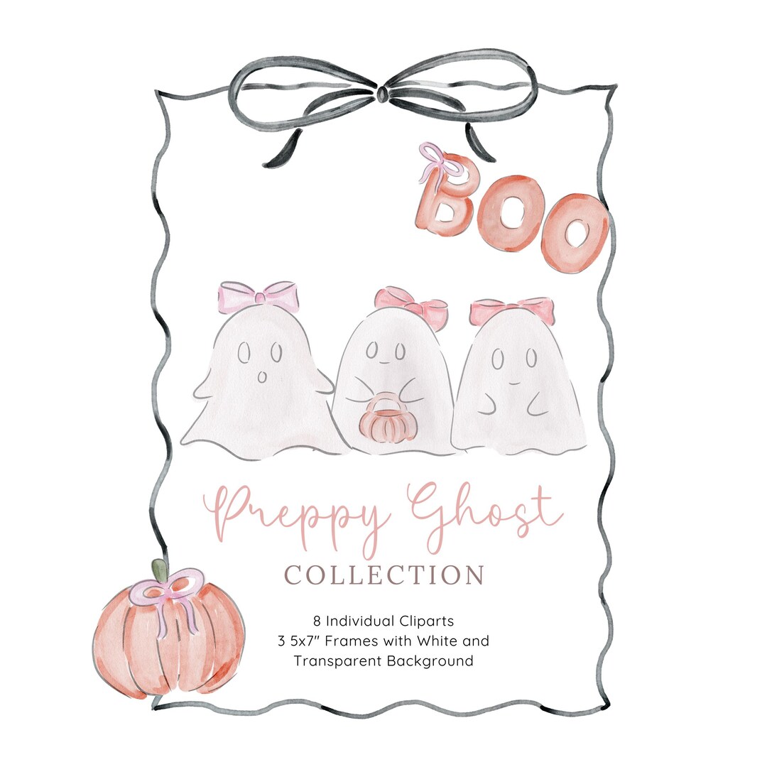 Preppy Ghost Watercolor Clipart, Cute Ghost Clip Art Bundle, Black Bow ...