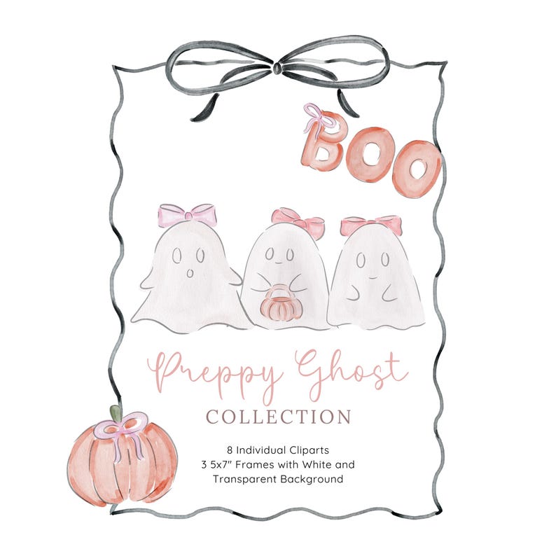 Preppy Ghost Watercolor Clipart, Cute Ghost Clip Art Bundle, Black Bow ...